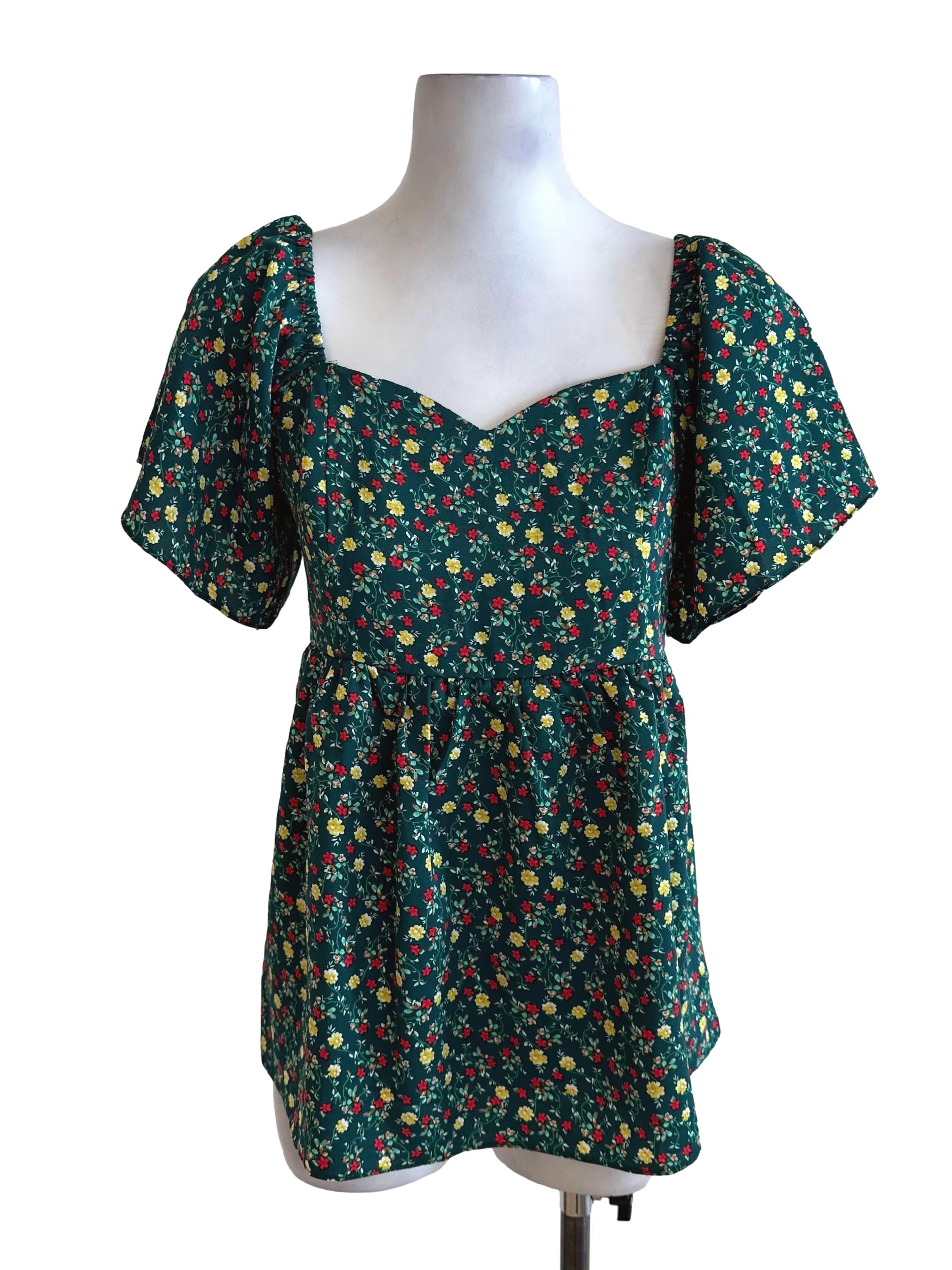 Forest Green Floral Peplum Top | REFASH