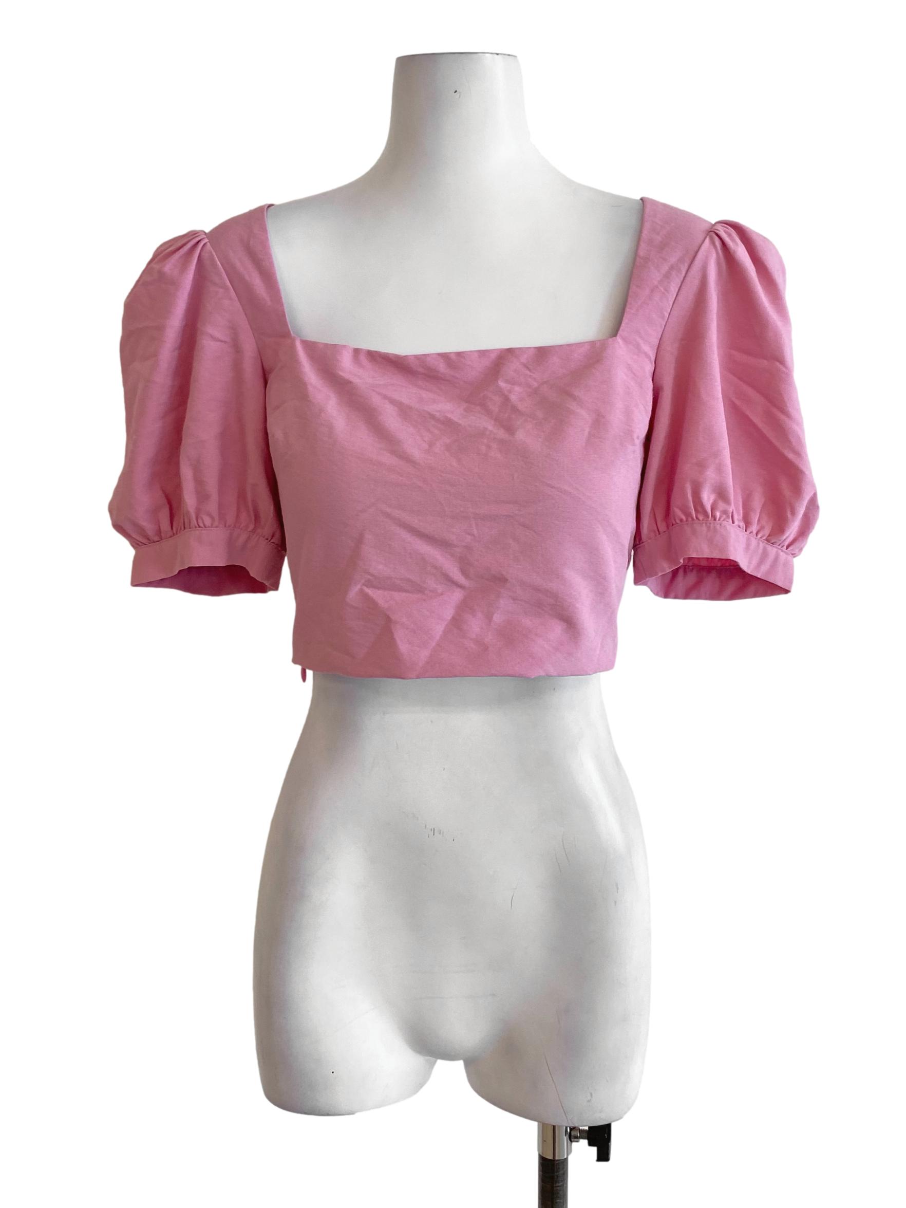 Lovet Taffy Pink Peasant Sleeve Square Neck Cropped Top | REFASH