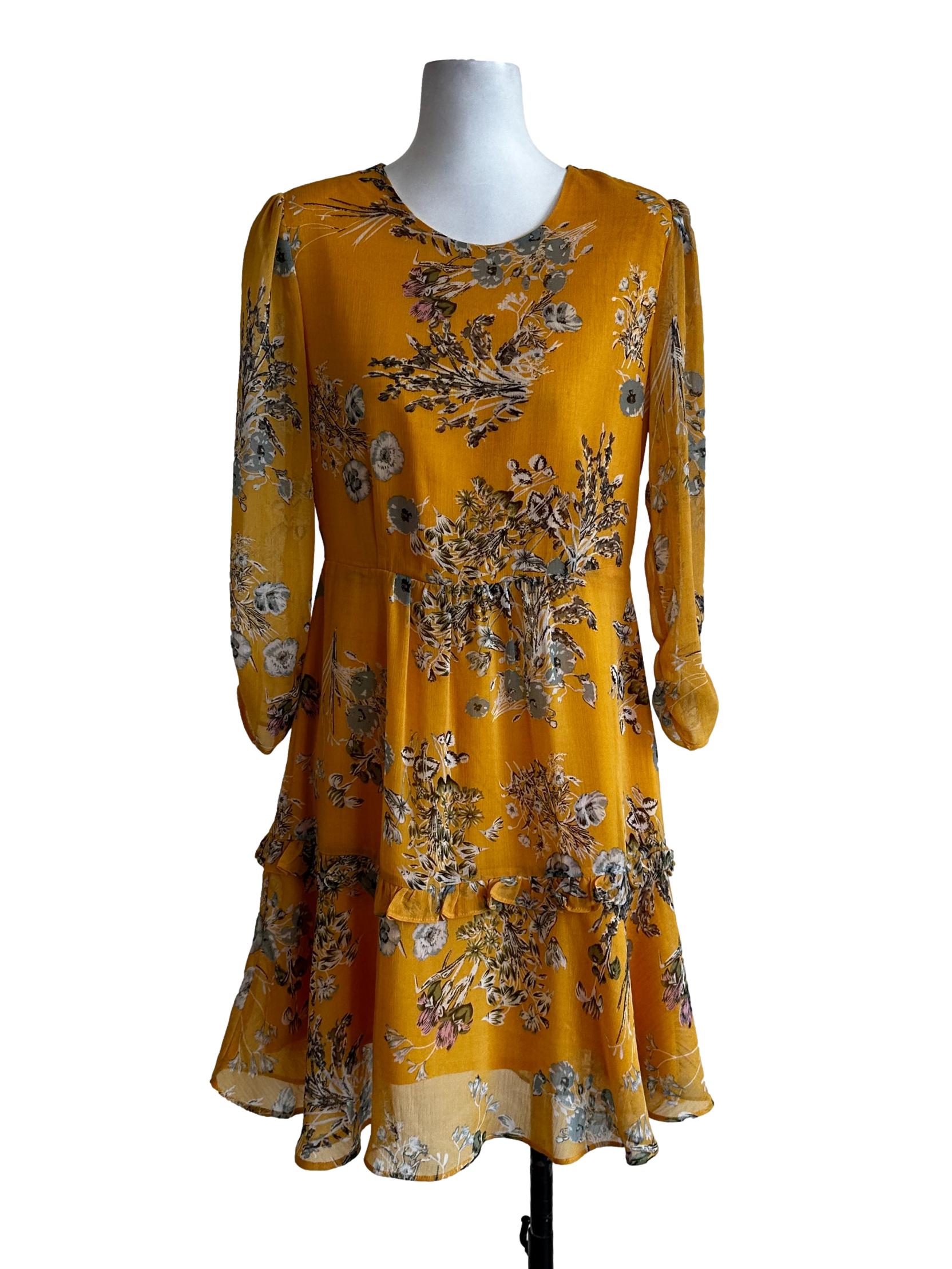 Saturday Club Canary Yellow Floral Pattern Dress | REFASH