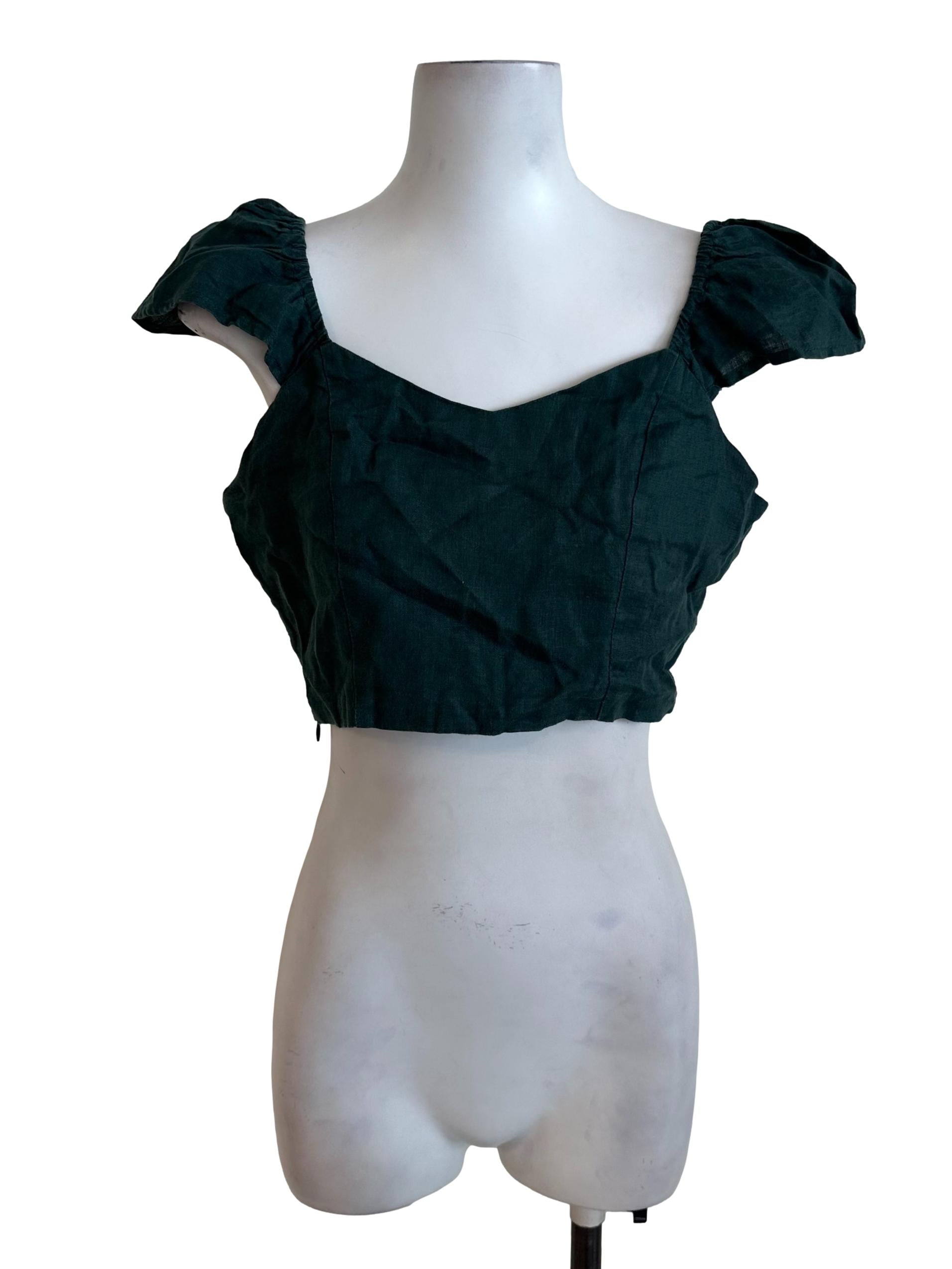 The Editor's Market Dark Green Puff Sleeve Crop Top | REFASH