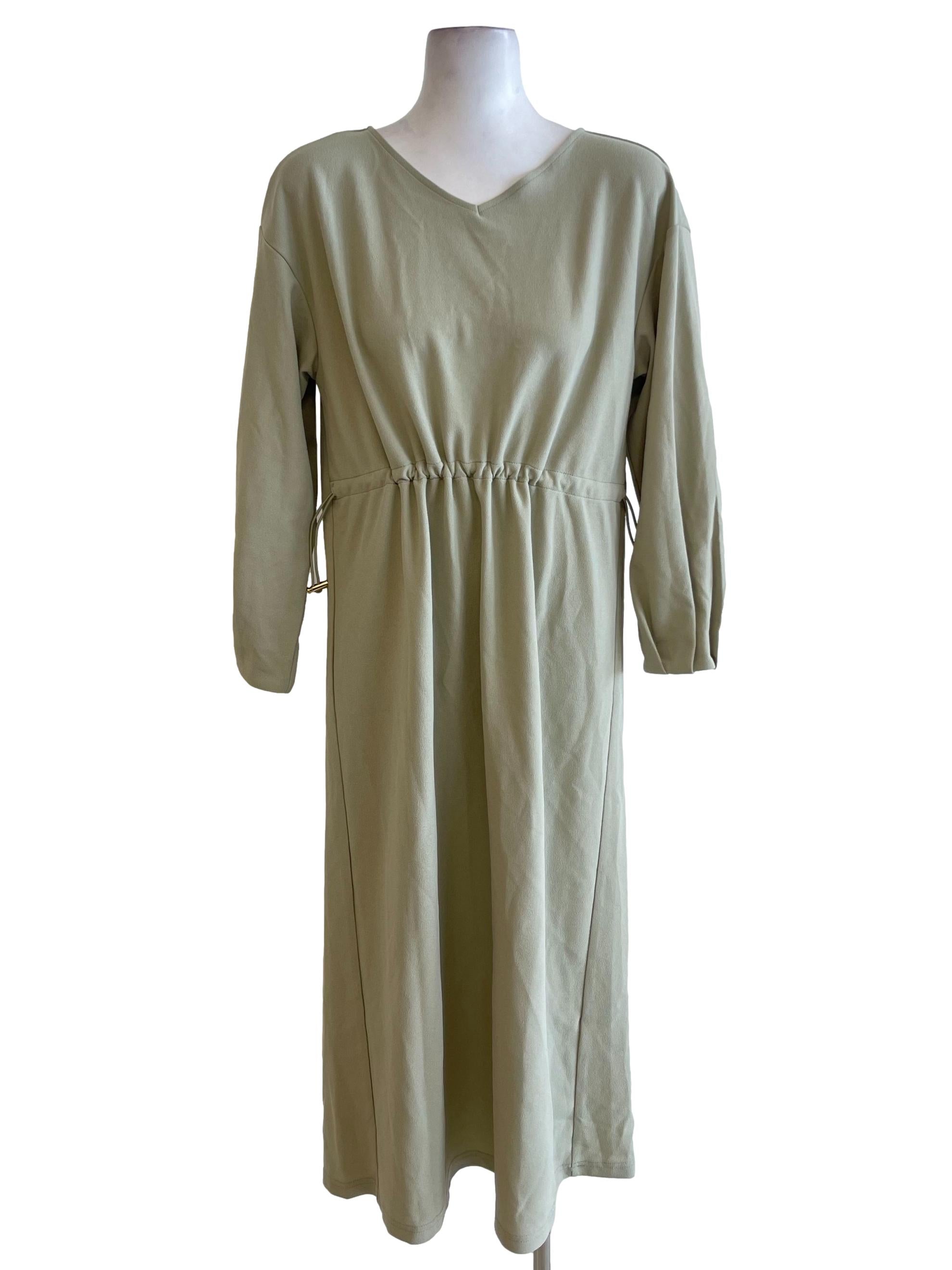 Sage Green V Neck Long Sleeve Dress | REFASH