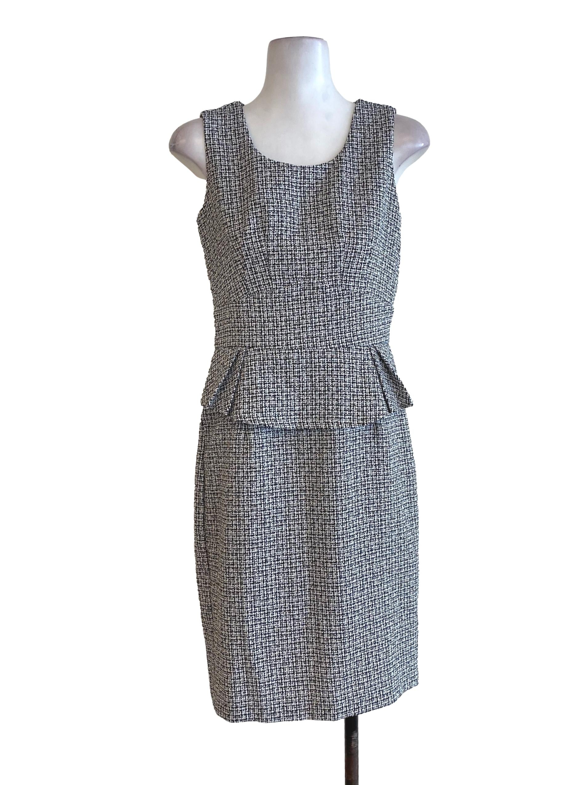 White Black Tweed Peplum Dress | REFASH