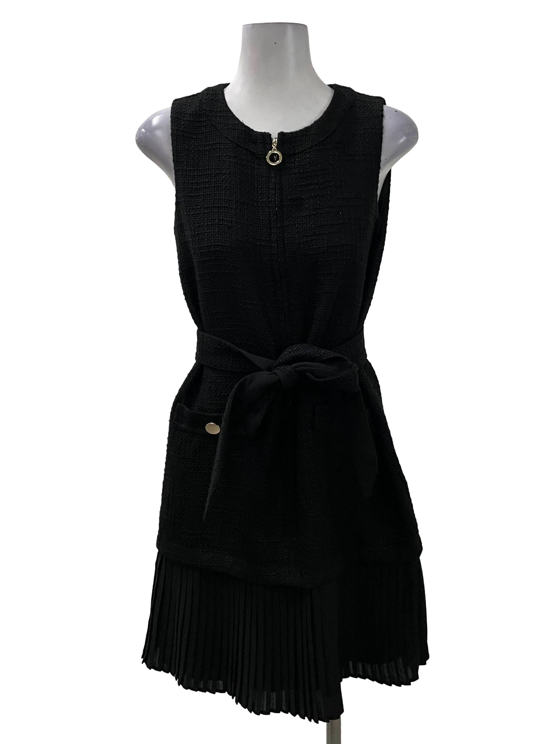 Saturday Club Black Tweed Tie Pleated Dress | REFASH